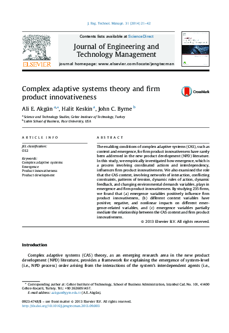 (PDF) Complex adaptive systems theory and firm product innovativeness