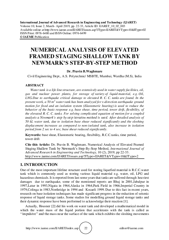 (PDF) Numerical Analysis of Elevated Framed Staging Shallow Tank by ...