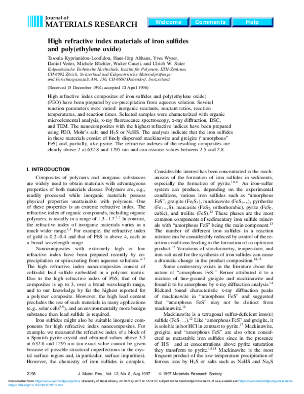 High Refractive Index Materials of Iron Sulfides and Poly(ethylene oxide)
