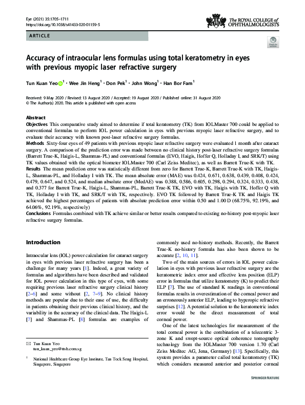 (PDF) Accuracy of intraocular lens formulas using total keratometry in eyes with previous myopic ...