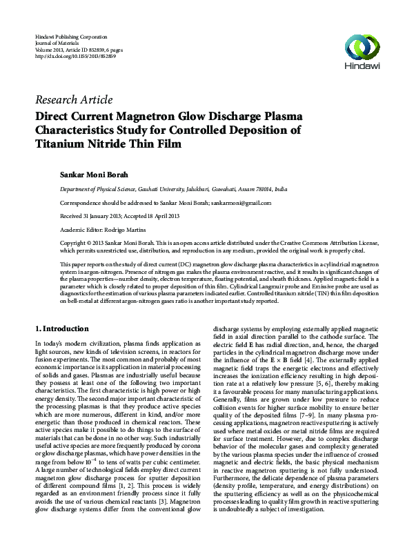 (PDF) Direct Current Magnetron Glow Discharge Plasma Characteristics ...