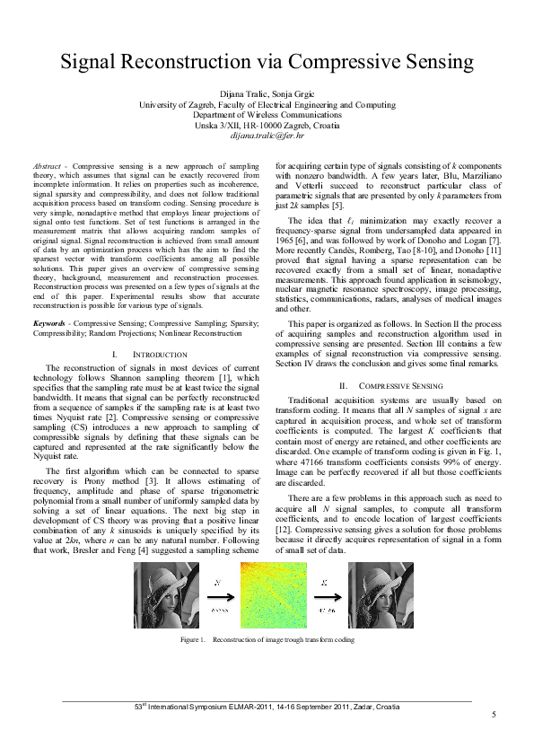 (PDF) Signal reconstruction via compressive sensing