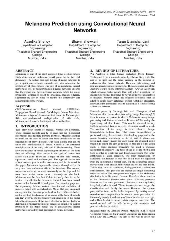 (PDF) Melanoma Prediction using Convolutional Neural Networks | Bhavin ...