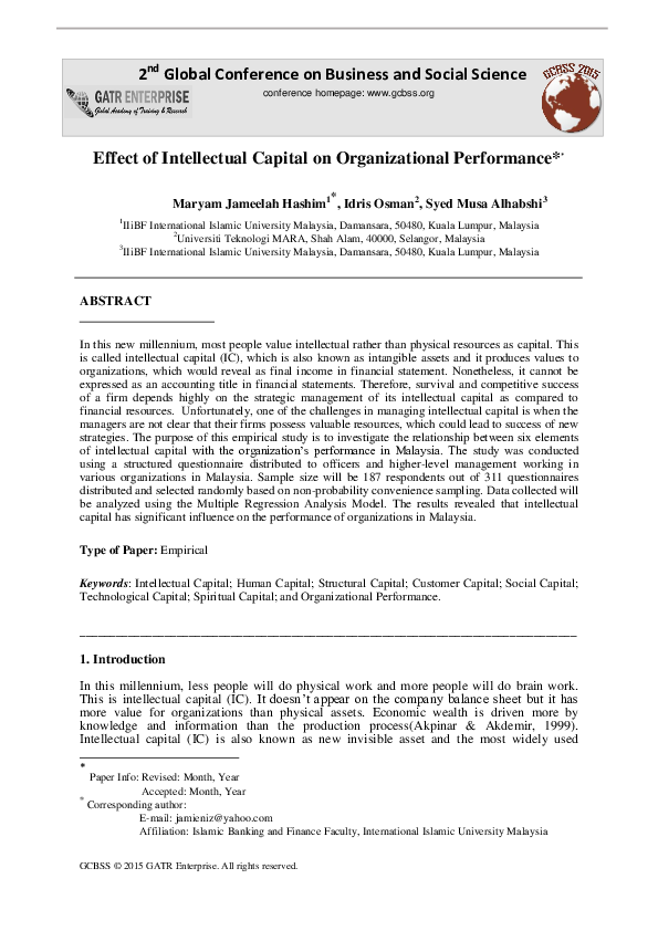(PDF) Effect of Intellectual Capital on Organizational Performance
