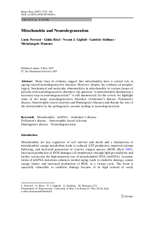 (PDF) Mitochondria and Neurodegeneration