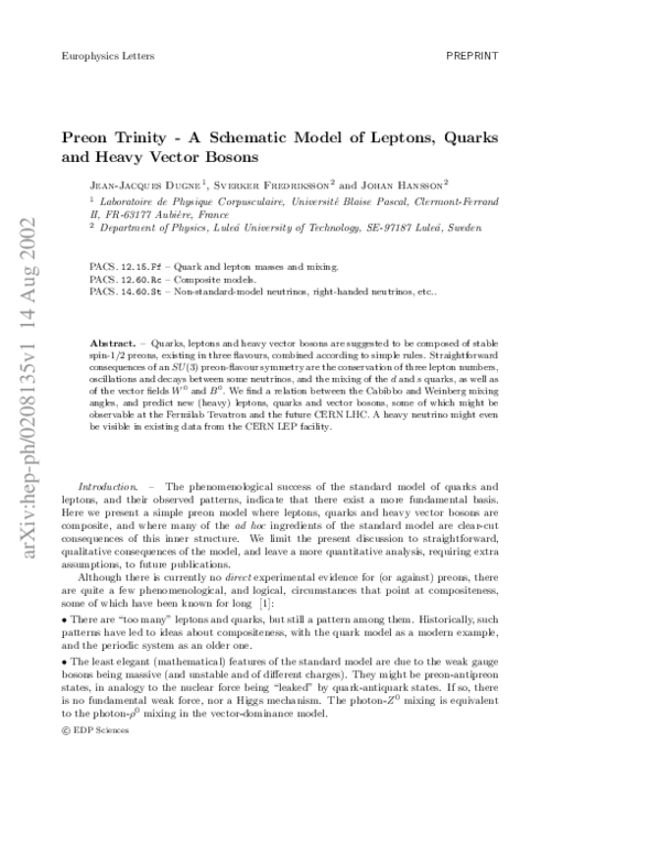 (PDF) Preon trinity—A schematic model of leptons, quarks and heavy ...