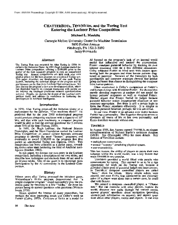 (PDF) Chatterbots, tinymuds, and the turing test: Entering the loebner ...