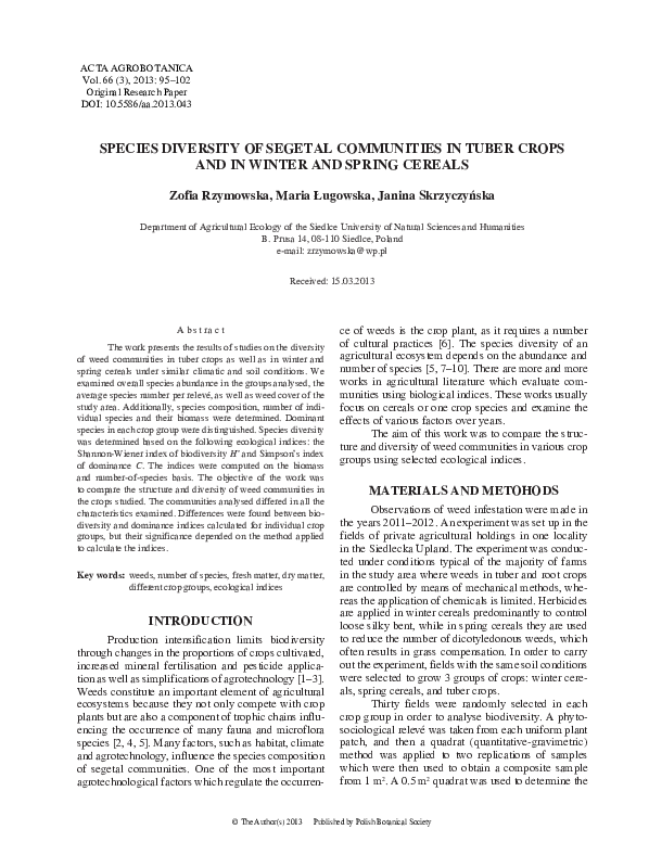 (PDF) Species diversity of segetal communities in tuber crops and in ...