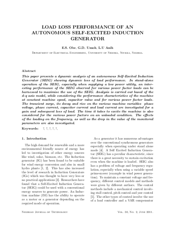 Pdf Load Loss Performance Of An Autonomous Self Excited Induction Generator Emeka Obe