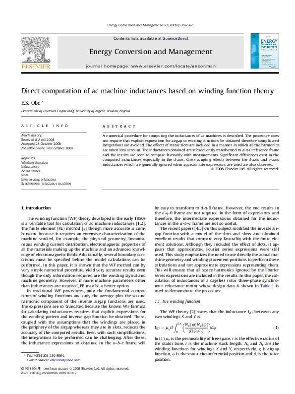 Pdf Direct Computation Of Ac Machine Inductances Based On Winding Function Theory
