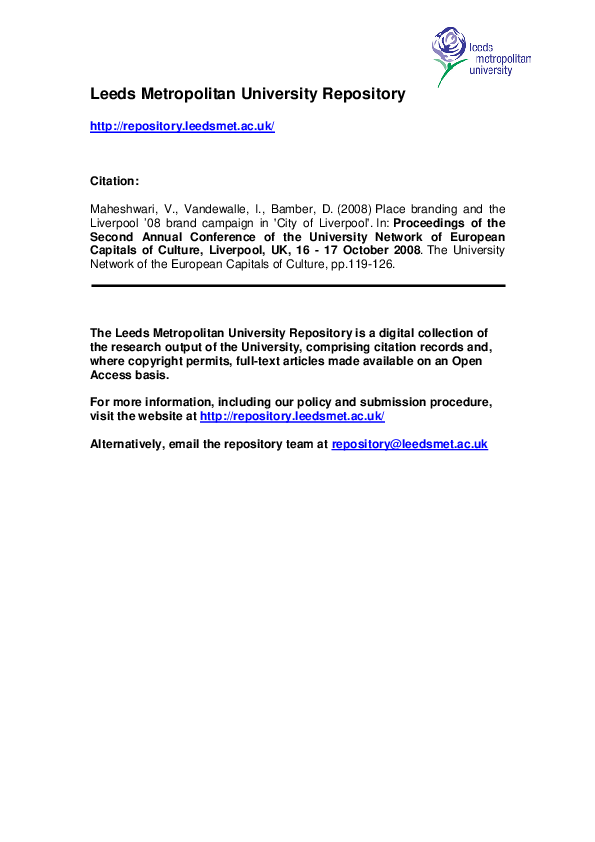 (PDF) Place Branding and THE'LIVERPOOL'08' Brand Campaign in 'City of ...