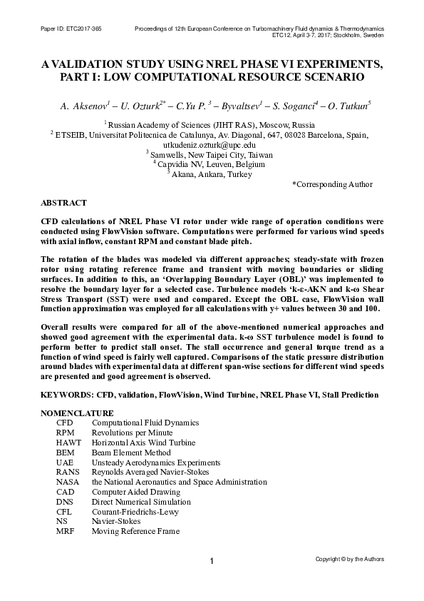 (PDF) A Validation Study Using Nrel Phase VI Experiments, Part I: Low ...