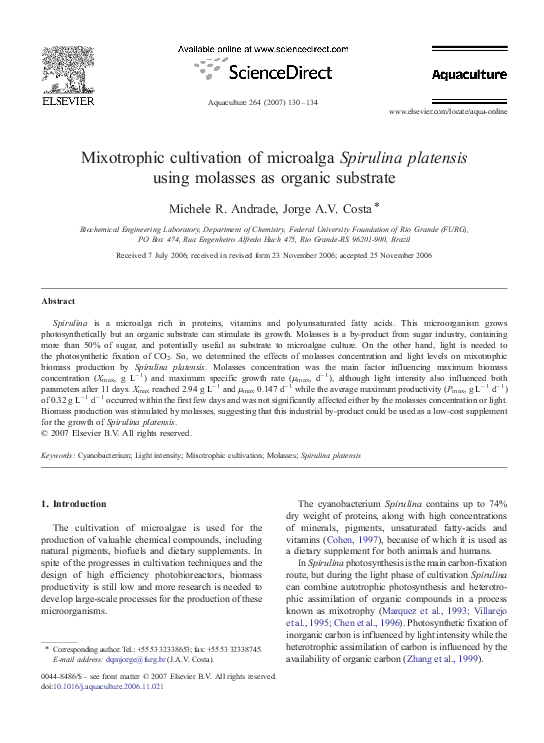 (PDF) Mixotrophic cultivation of microalga Spirulina platensis using molasses as organic substrate