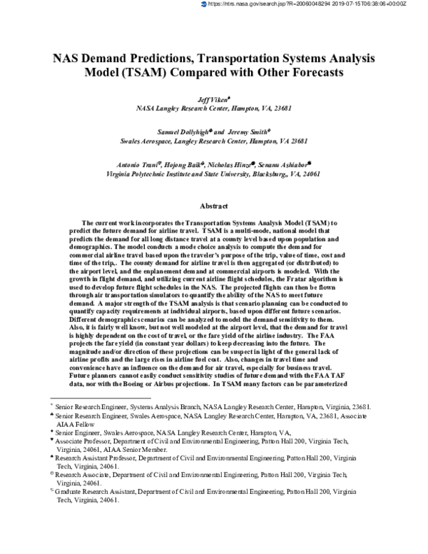 (PDF) NAS Demand Predictions, Transportation Systems Analysis Model ...