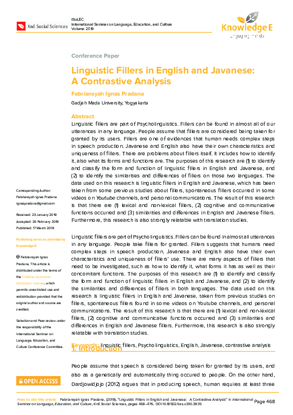 (PDF) Linguistic Fillers in English and Javanese: A Contrastive Analysis