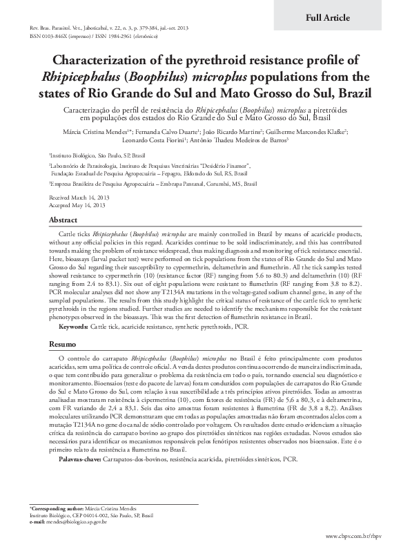 (PDF) Characterization of the pyrethroid resistance profile of Rhipicephalus (Boophilus ...