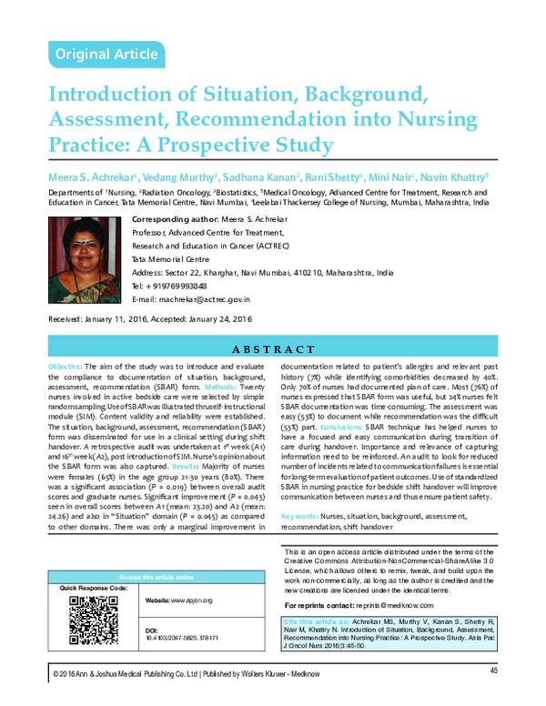 (PDF) Introduction of Situation, Background, Assessment, Recommendation ...