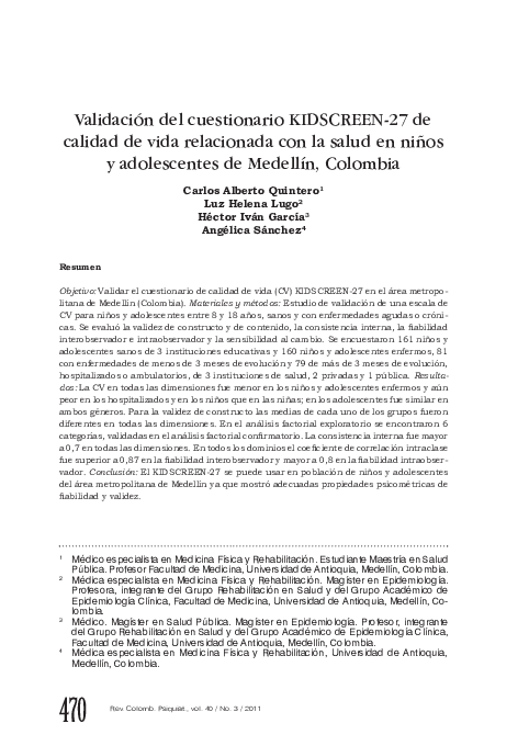 (PDF) Validation of Questionnaire KIDSCREEN-27 to Measure Health ...