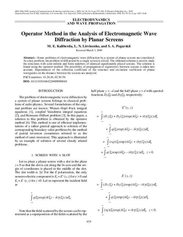 Pdf Operator Method In The Analysis Of Electromagnetic Wave Diffraction By Planar Screens