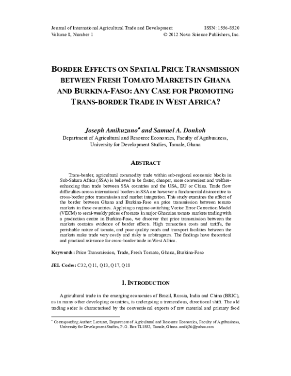 (PDF) Border Effects on Spatial Price Transmission between Fresh Tomato ...