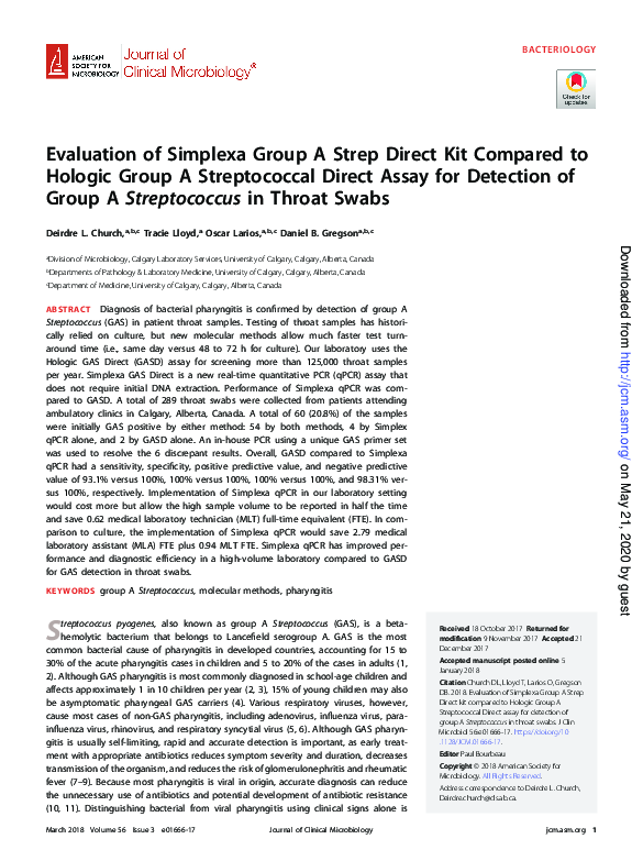 (PDF) Evaluation of Simplexa Group A Strep Direct Kit Compared to ...