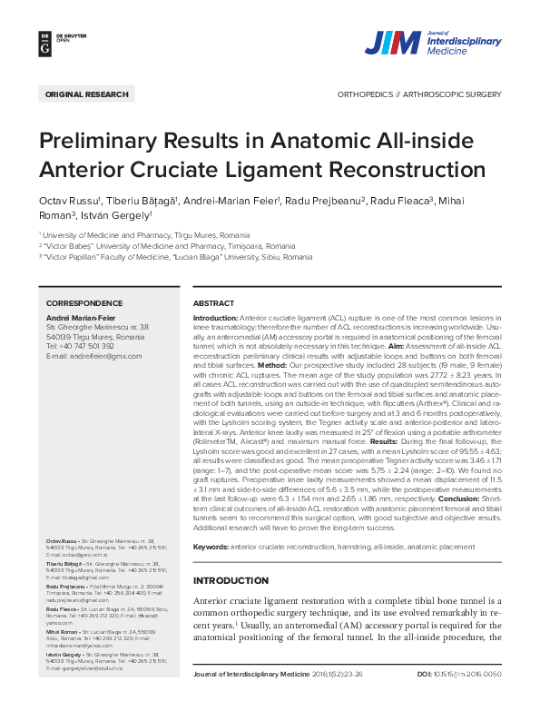 (PDF) Preliminary Results in Anatomic All-inside Anterior Cruciate ...