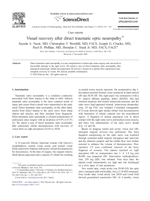 (PDF) Visual recovery after direct traumatic optic neuropathy