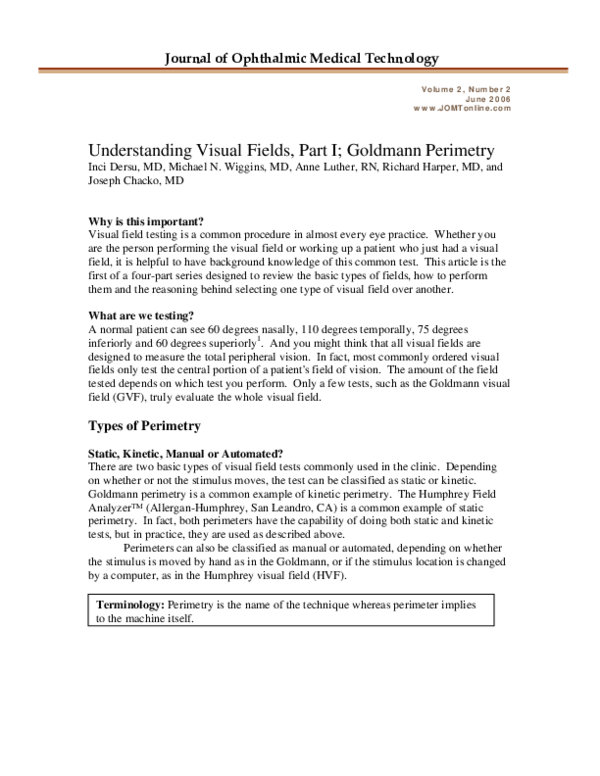 (PDF) Understanding Visual Fields, Part I; Goldmann Perimetry