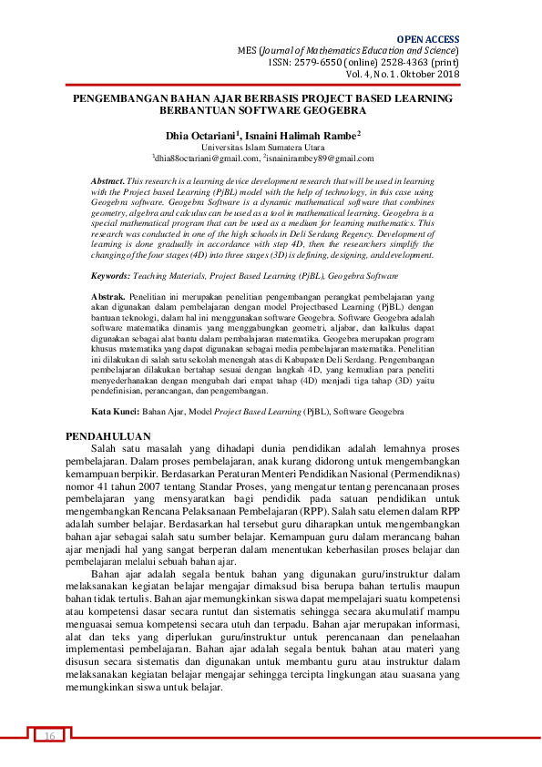 (PDF) Pengembangan Bahan Ajar Berbasis Project Based Learning Berbantuan Software Geogebra