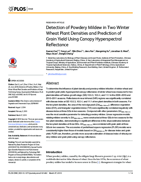 (PDF) Detection of powdery mildew in two winter wheat plant densities ...