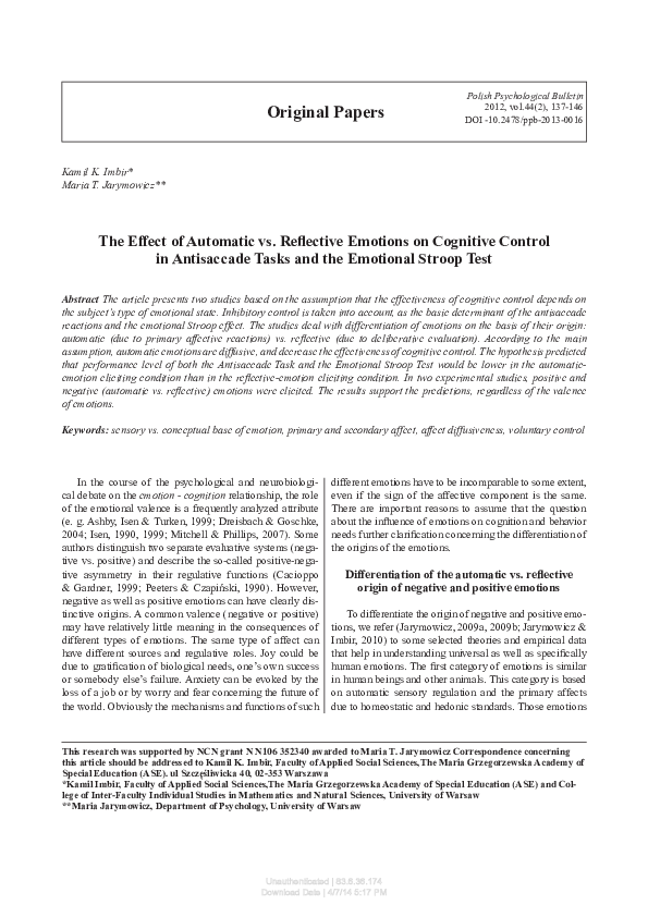 (PDF) The Effect of Automatic vs. Reflective Emotions on Cognitive ...