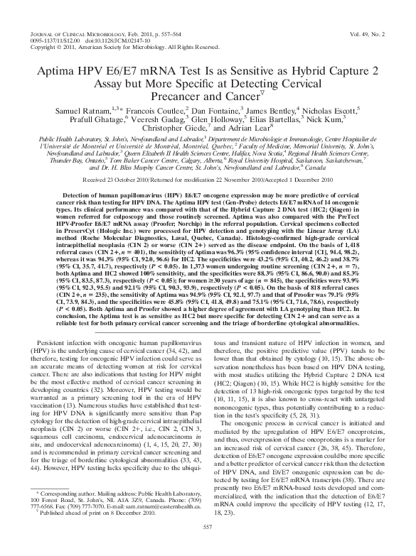 (PDF) Aptima HPV E6/E7 mRNA Test Is as Sensitive as Hybrid Capture 2 ...
