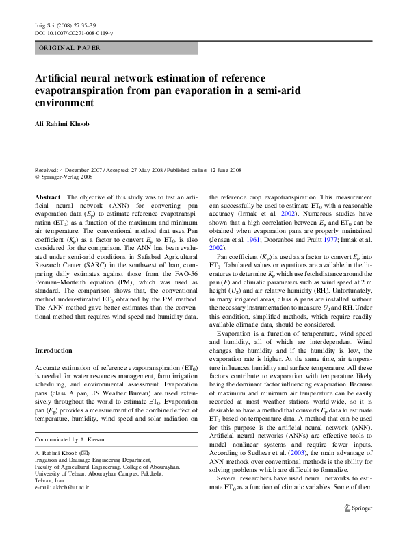 Pdf Artificial Neural Network Estimation Of Reference Evapotranspiration From Pan Evaporation