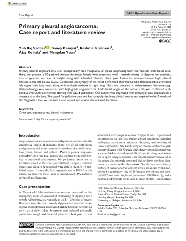(PDF) Primary pleural angiosarcoma: Case report and literature review