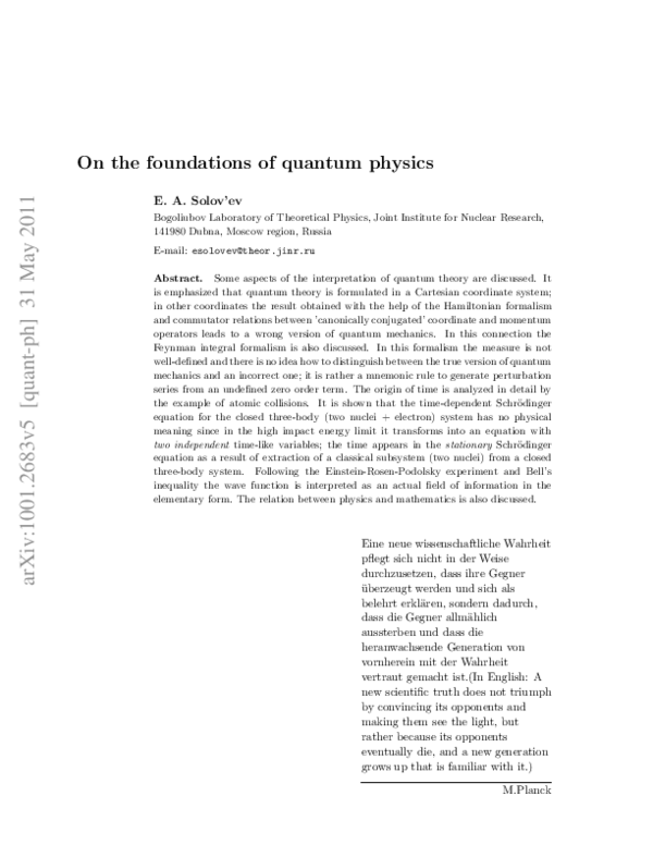 (PDF) On foundation of quantum physics