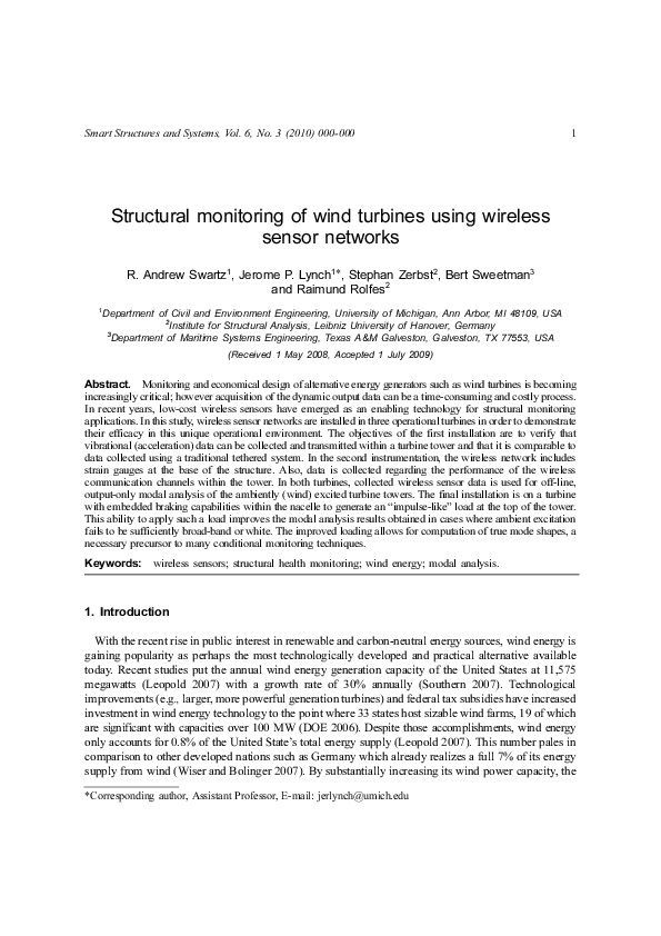 Pdf Structural Monitoring Of Wind Turbines Using Wireless Sensor Networks