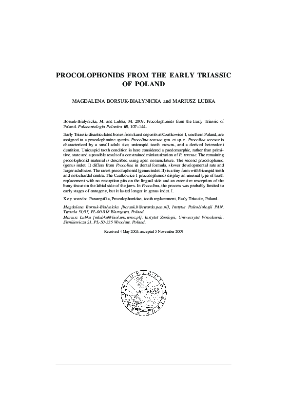 (PDF) Procolophonids from the Early Triassic of Poland Introduction