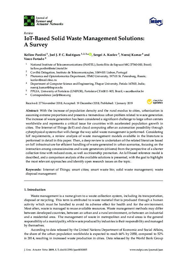 (PDF) IoT-Based Solid Waste Management Solutions: A Survey