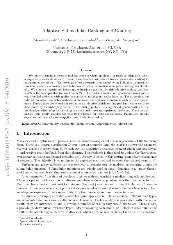 (PDF) Adaptive Submodular Ranking and Routing | Fatemeh Navidi - Academia.edu