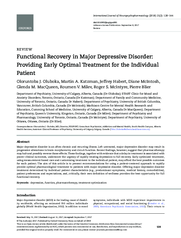 (PDF) Functional Recovery in Major Depressive Disorder: Providing Early ...