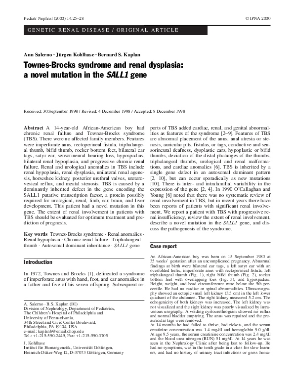 (PDF) Townes-Brocks syndrome and renal dysplasia: a novel mutation in ...