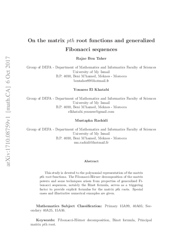 (PDF) Matrix pth Roots and Generalized Fibonacci