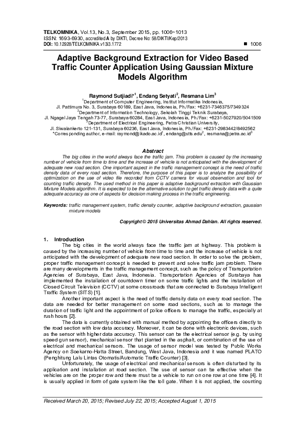 Pdf Adaptive Background Extraction For Video Based Traffic Counter Application Using Gaussian