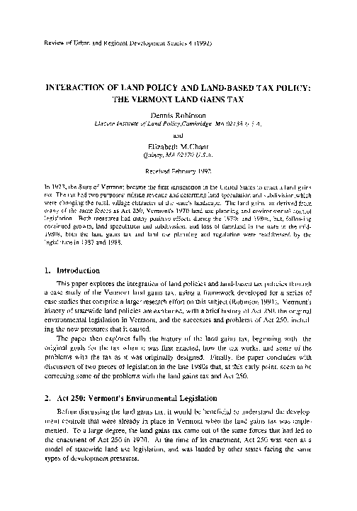 (PDF) Interaction of Land Policy and Land-Based Tax Policy: The Vermont ...