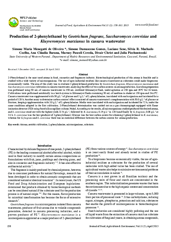(PDF) Production of 2-phenylethanol by Geotrichum fragrans ...