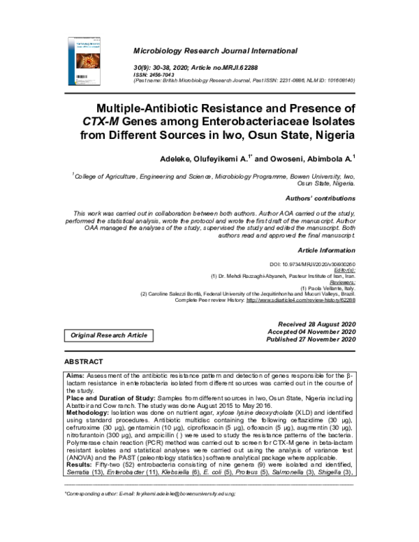 (PDF) Multiple-Antibiotic Resistance and Presence of CTX-M Genes among Enterobacteriaceae ...
