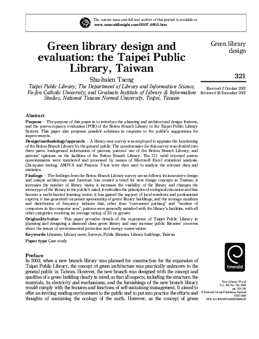 (PDF) Green library design and evaluation: the Taipei Public Library ...