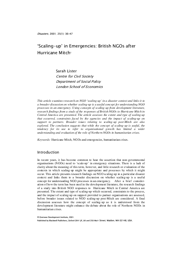 (PDF) ‘Scaling-up’ in Emergencies: British NGOs after Hurricane Mitch