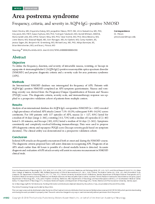 (PDF) Area postrema syndrome: Frequency, criteria, and severity in AQP4 ...