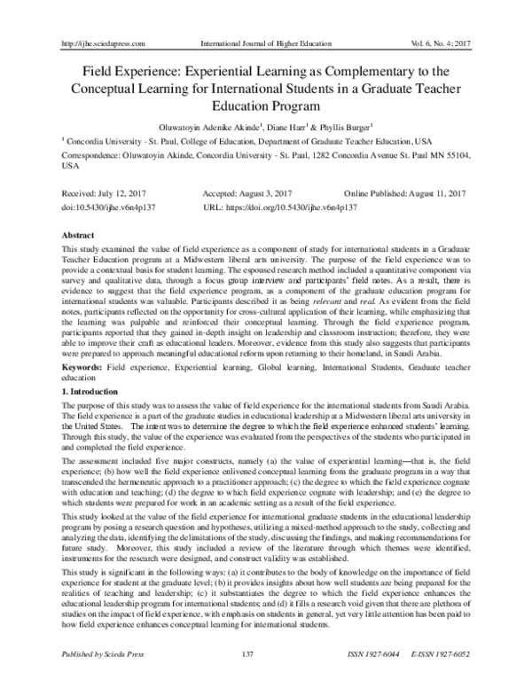 (PDF) Field Experience: Experiential Learning as Complementary to the ...